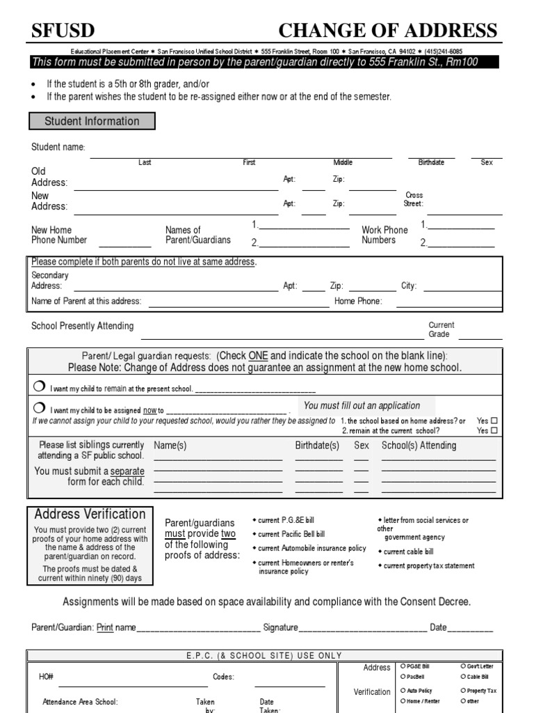 SFUSD Change of Address Form | PDF | Social Institutions | Social Science
