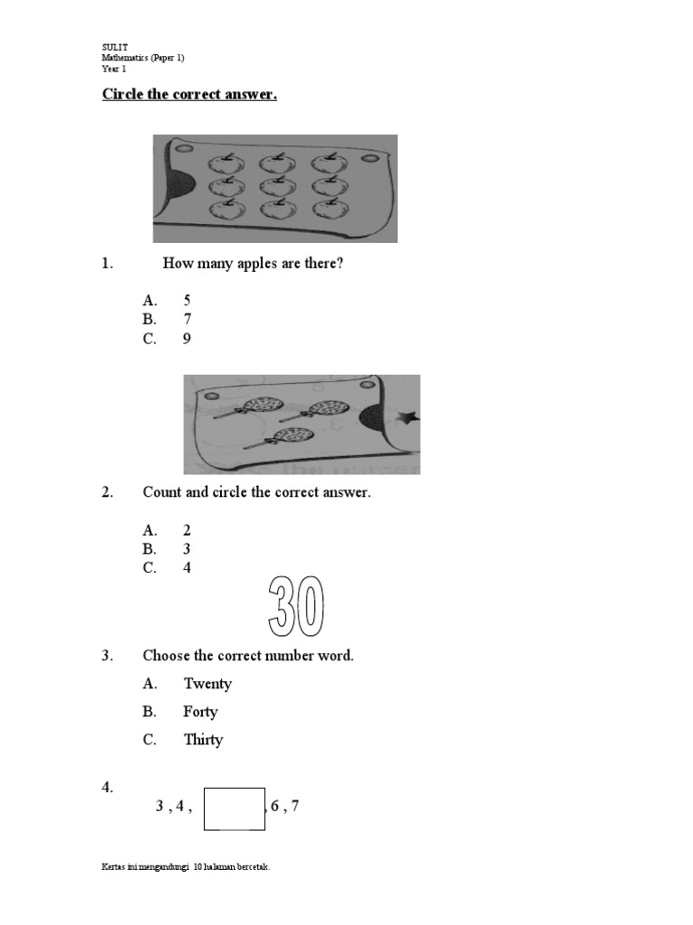 Soalan Matematik (Math) Paper 1 Tahun 1 | PDF | Teaching Mathematics ...