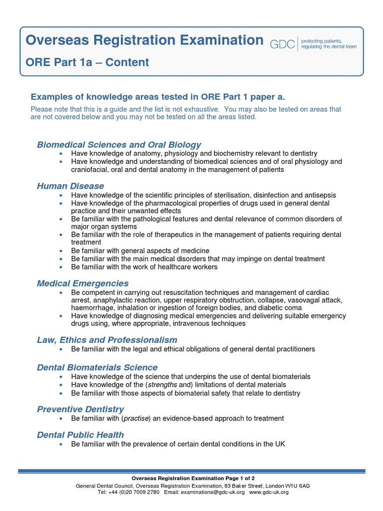 Overseas Registration Examination: ORE Part 1a - Content | PDF | Oral ...