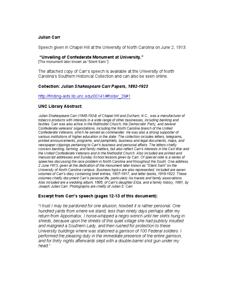 Julian Carr 1913 Silent Sam Dedication Speech | PDF | University Of ...