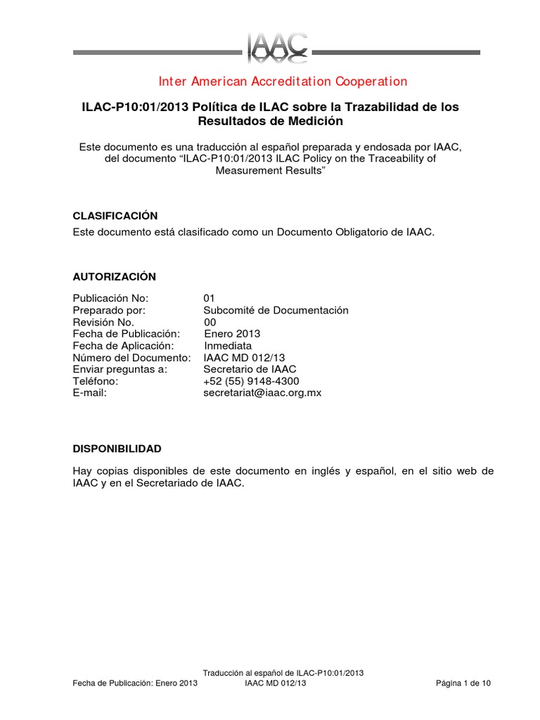 MD 012 ILAC - P10 Traduccion PDF | PDF | Metrología | Calibración