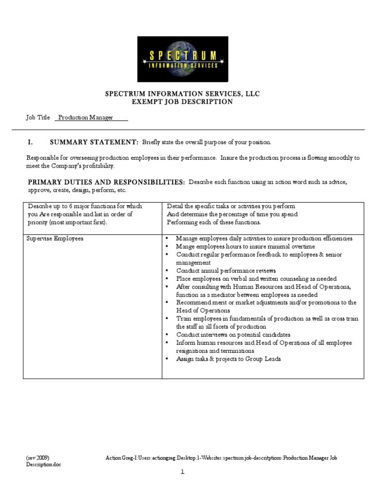 Production Manager Job Description | PDF | Human Resources | Employment