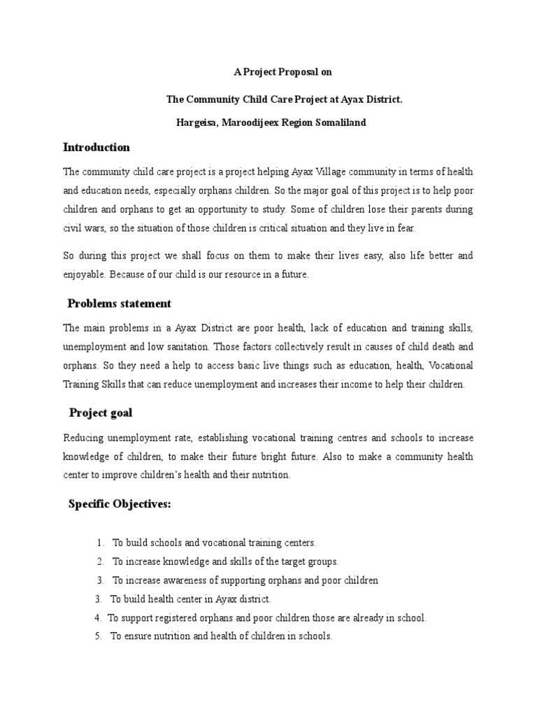 Community Child Care Project Proposal | PDF | Sanitation | Child Care