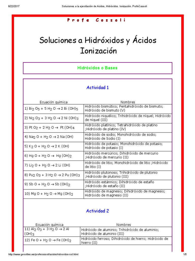 Soluciones a La Ejercitacion de Acidos, Hidroxidos. Ionizacion | Mercurio (Elemento) | Hidrógeno