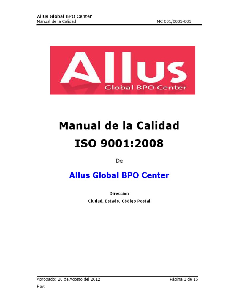 Manual de Calidad de Allus Global BPO Center | PDF | Gestión de la calidad | Calidad (comercial)
