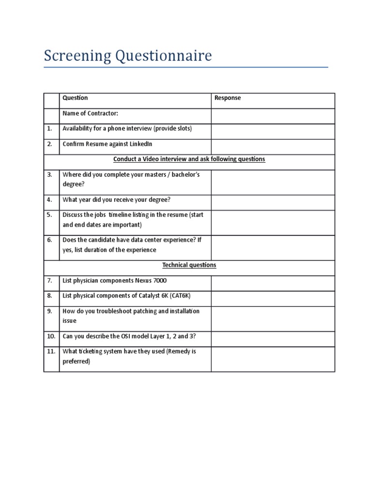 Screening Questionnaire | PDF | Business