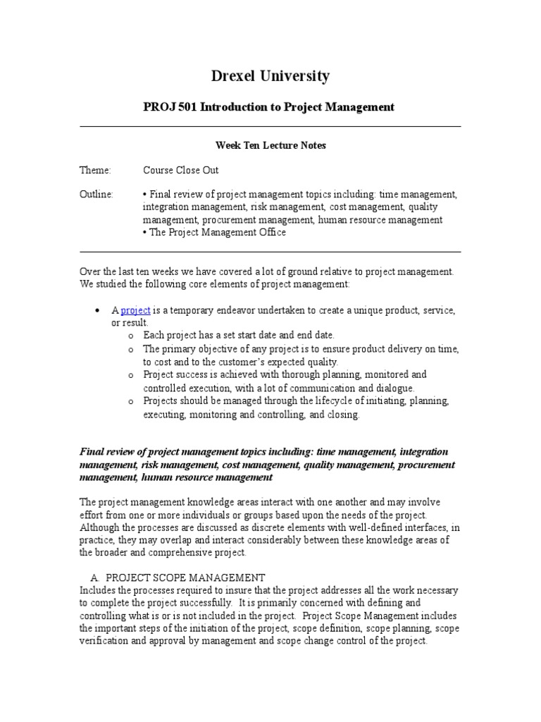 PROJ-501 Week 10 Lecture Notes | PDF | Project Management | Risk Management
