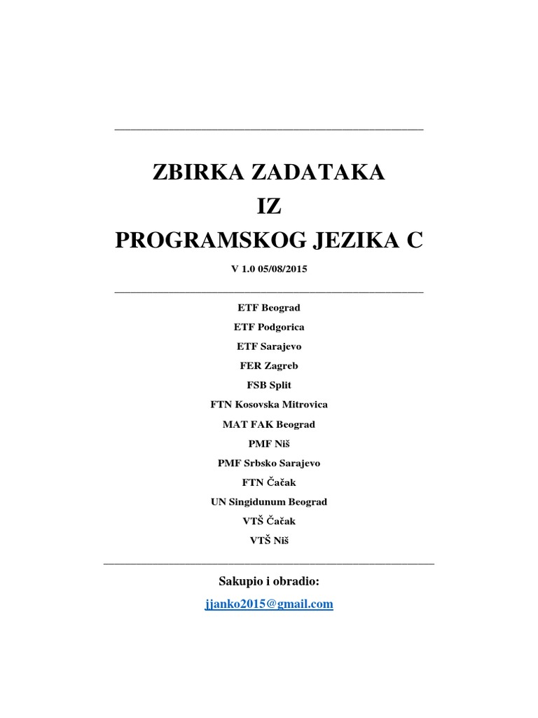 C Programski Jezik Zbirka Zadataka PDF | PDF