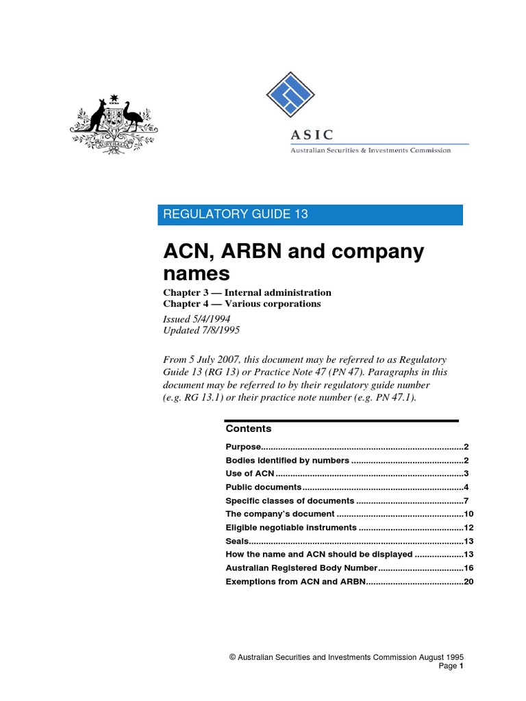 ACN, ARBN and Company Names: Regulatory Guide 13 | PDF | Negotiable ...