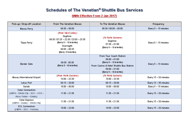 Venetian Shuttle Schedule | PDF | Macau | Public Transport