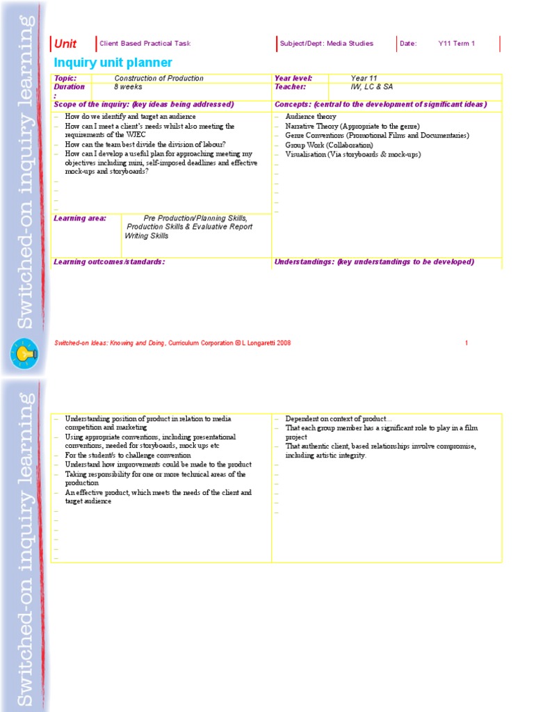 Inquiry Unit Planner: Construction of Production Year 11 8 Weeks Iw, LC ...