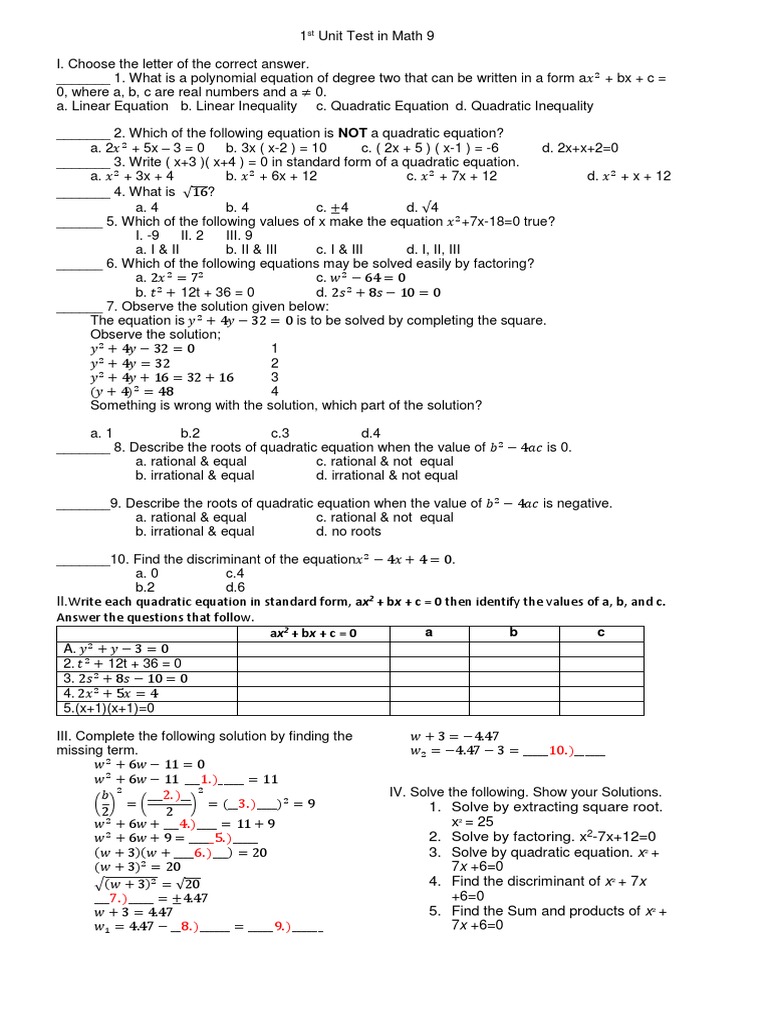 Math 9 1st Unit Test Quadratic Equations Review | PDF | Quadratic ...
