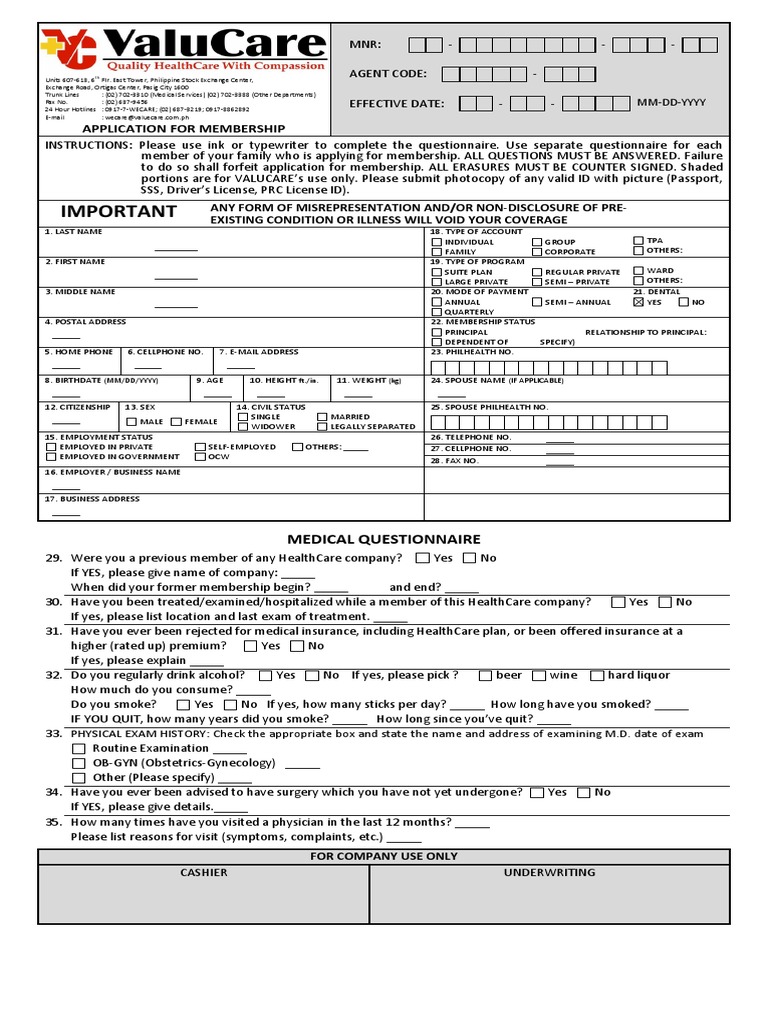 ValuCare Application Form | Chronic Condition | Hypertension