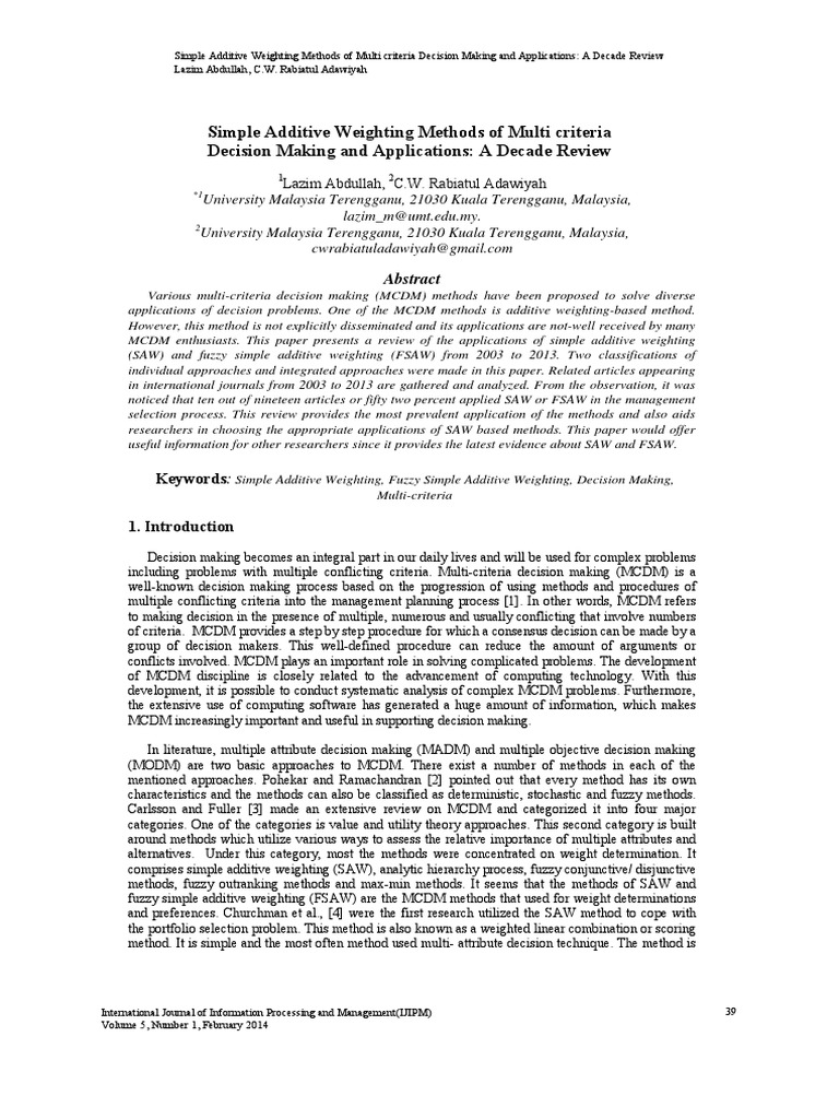 Simple Additive Weighting Methods of Multi PDF | PDF | Fuzzy Logic | Decision Making