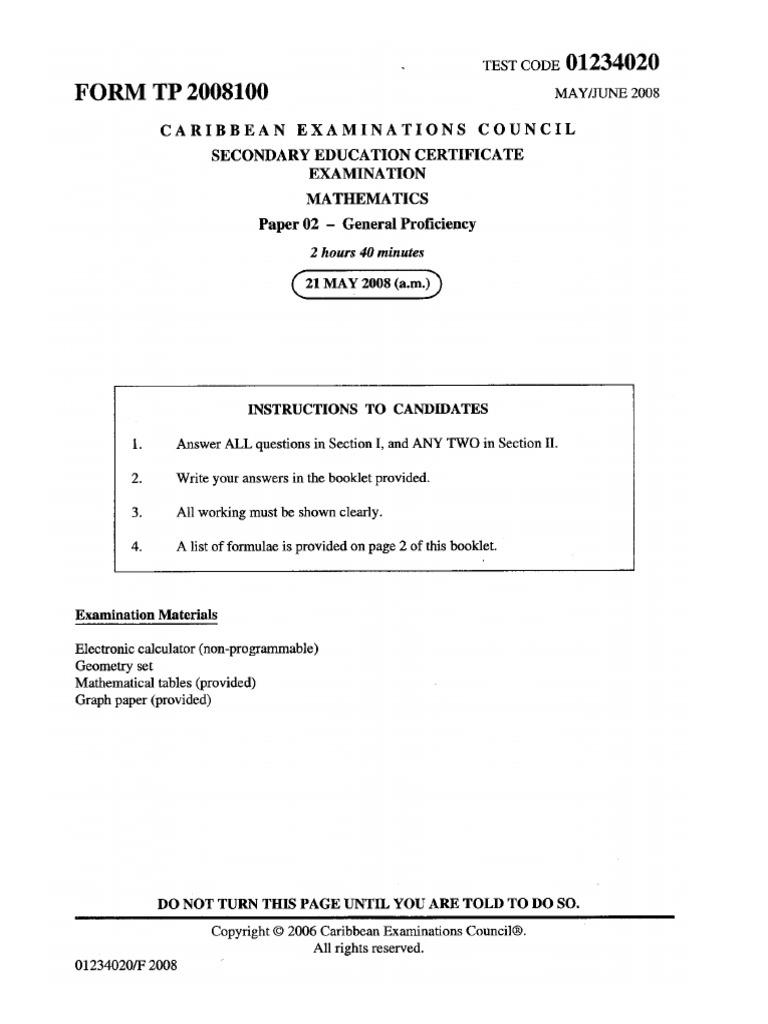 CXC CSEC Mathematics Paper 2 May 2008 | PDF