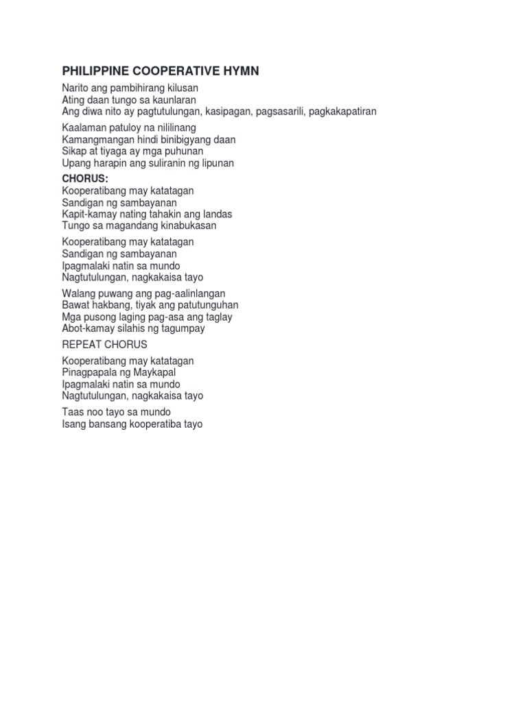 Philippine Cooperative Hymn | PDF