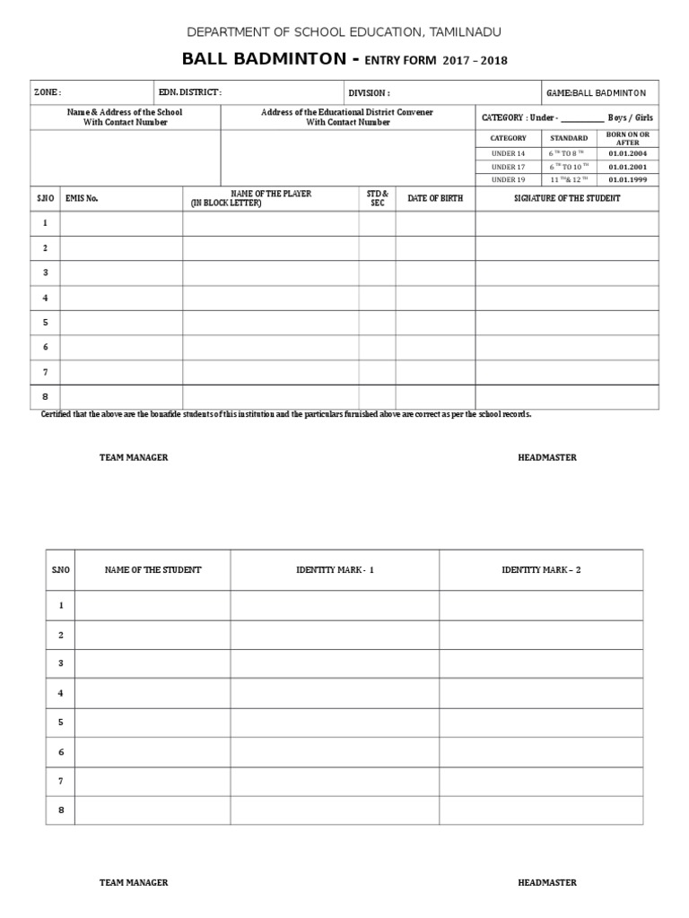 Ball Badminton Entry Form | Athletic Sports | Sports