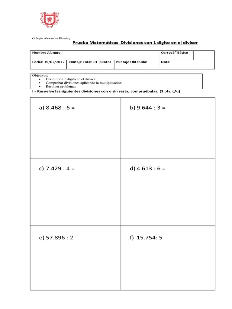 Prueba Divisiones 5 Basico | PDF