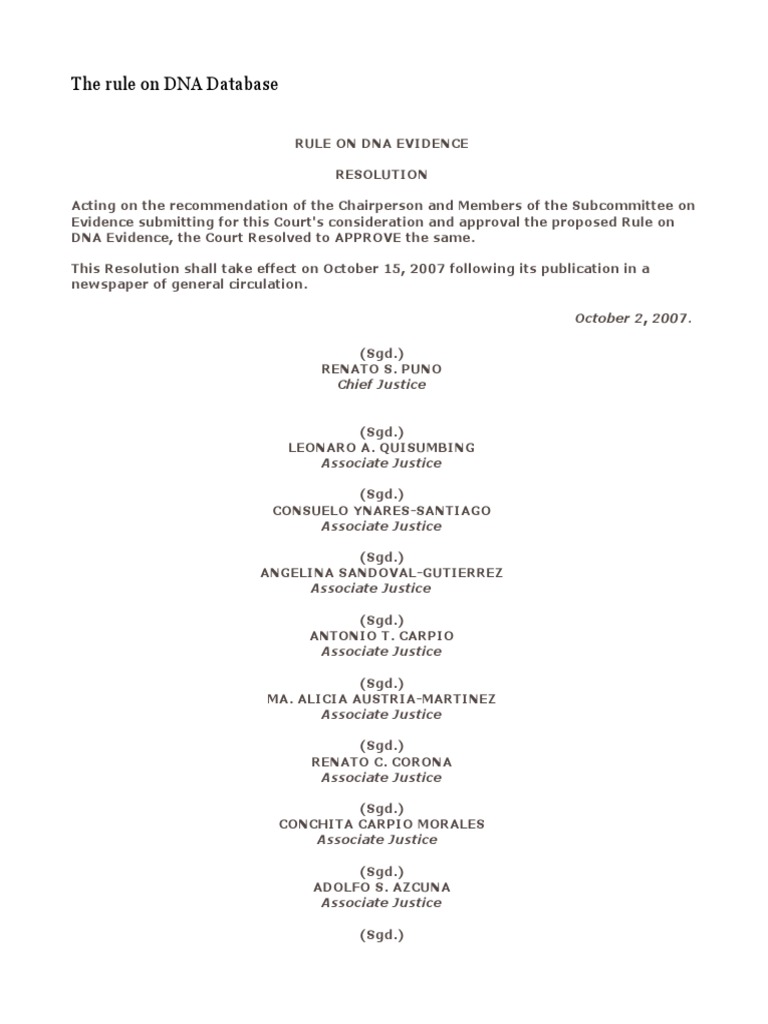 Rule On Dna Database | PDF | Dna Profiling | Evidence