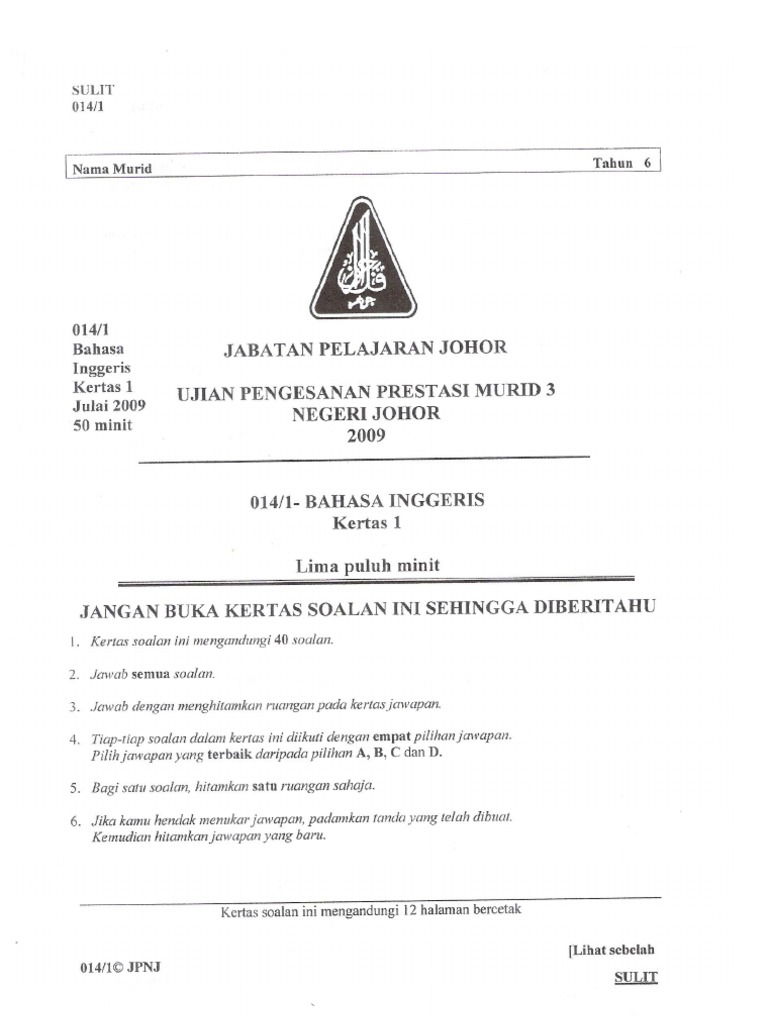 Soalan Trial English BI UPSR Paper 1 Johor | PDF
