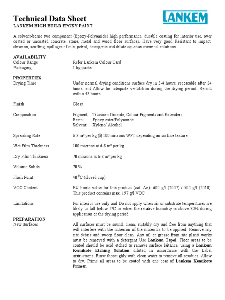 Lankem High Build Epoxy Paint Data Sheet | PDF | Paint | Epoxy