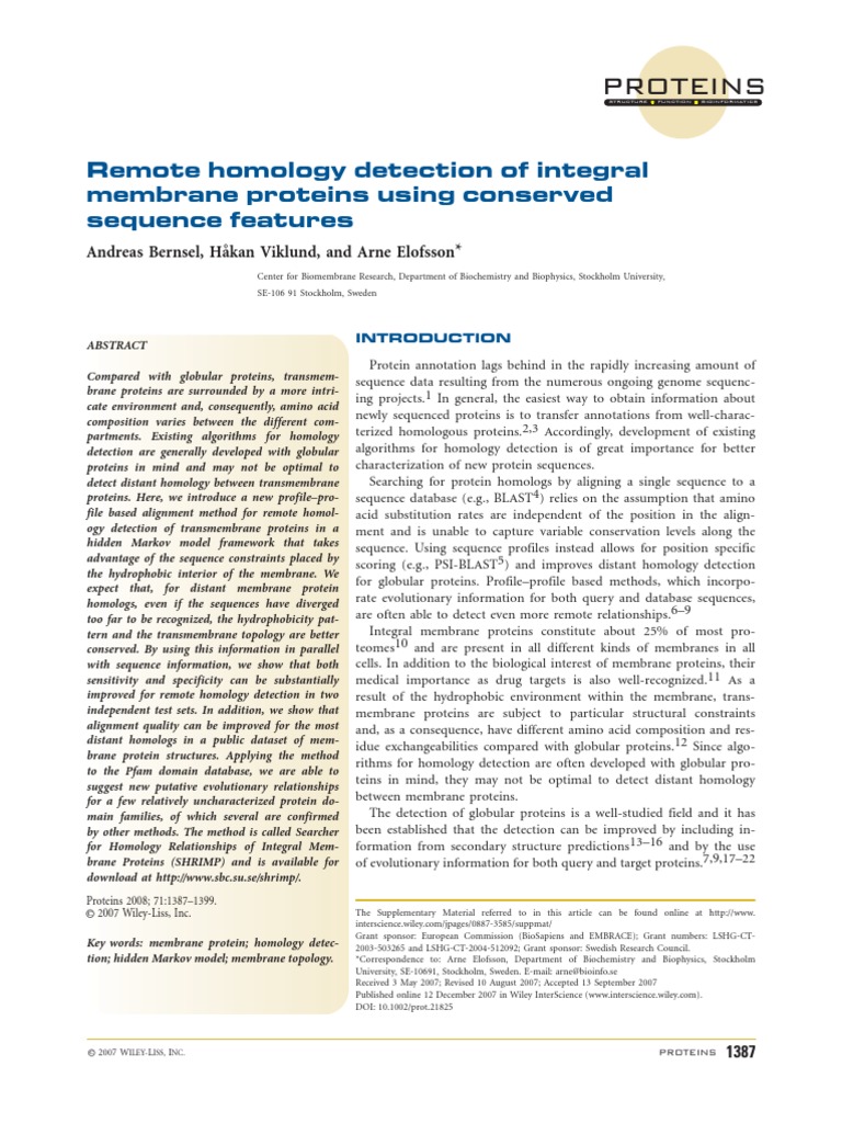 Proteins: Remote Homology Detection of Integral Membrane Proteins Using Conserved Sequence ...
