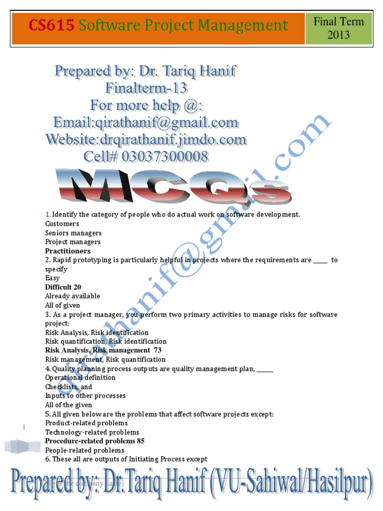 CS615 Software Project Management Final Term | PDF | Project Management | Risk Management