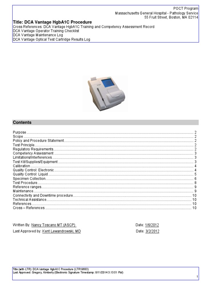 DCA Vantage HgbA1C Procedure - LTR19683 | PDF | Glycated Hemoglobin ...