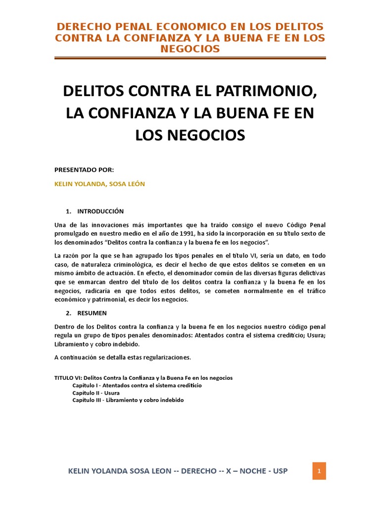 Delitos Contra El Patrimonio La Confianza y La Buena Fe en Los Negocios ...
