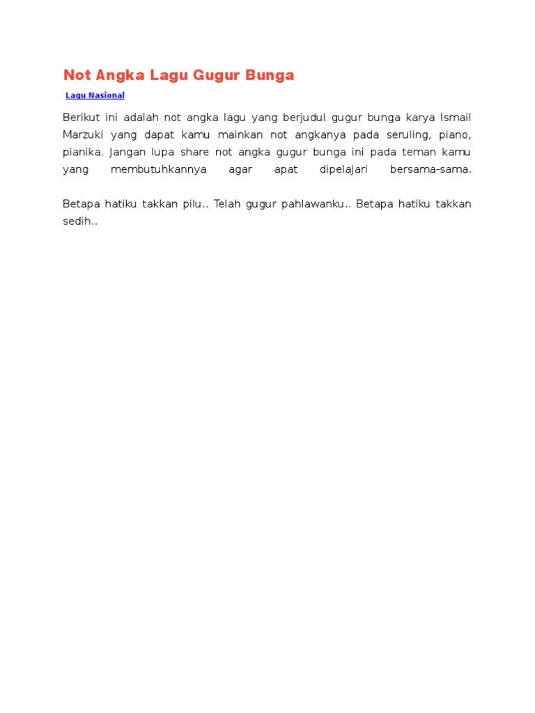 Not Angka Lagu Gugur Bunga Lagu Nasional | PDF