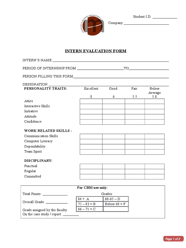 Internship Evaluation Form Template | PDF