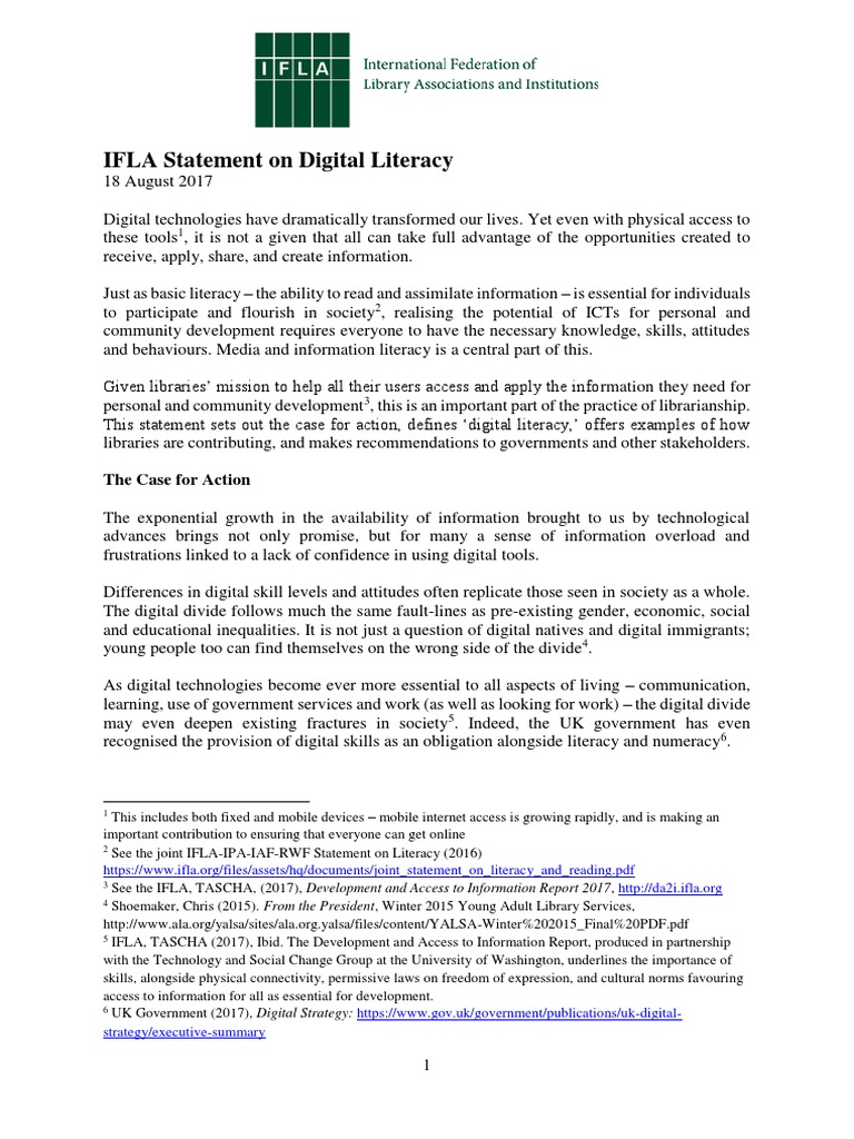 IFLA Digital Literacy Statement | PDF | Information Literacy | Librarian