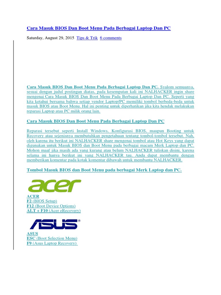 Cara Masuk BIOS Dan Boot Menu Pada Berbagai Laptop Dan PC | PDF