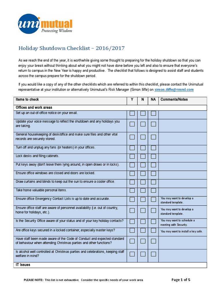 Holiday Shutdown Checklist | PDF | Refrigerator | Personal Computers