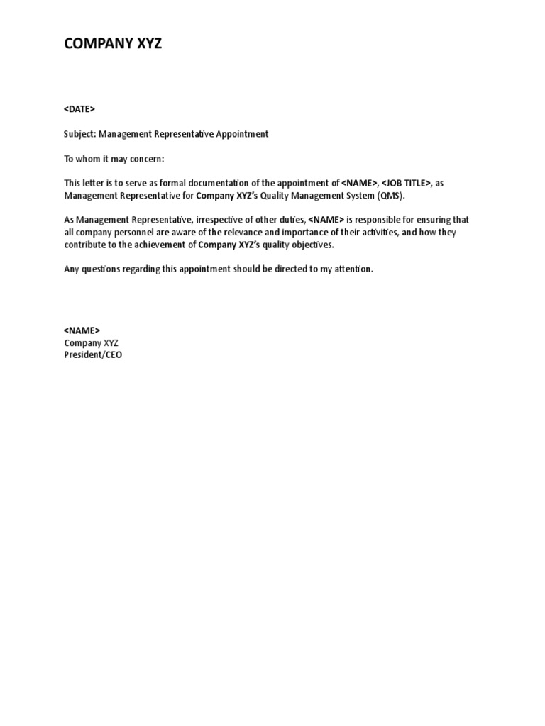 ISO 9001 Appointment Letter - Management Rep | PDF