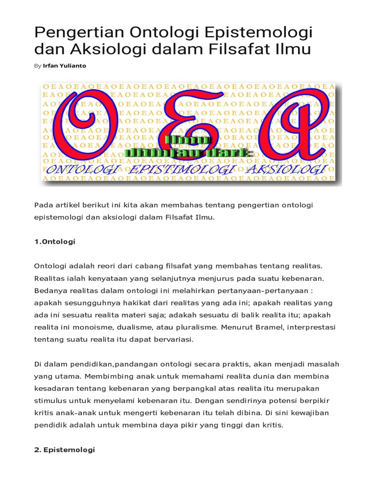Pengertian Ontologi Epistemologi Dan Aksiologi Dalam Filsafat Ilmu | PDF