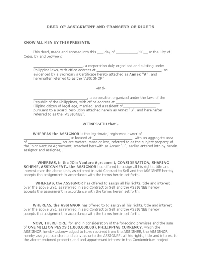 Deed of Assignment and Transfer of Rights Sample | PDF | Assignment ...