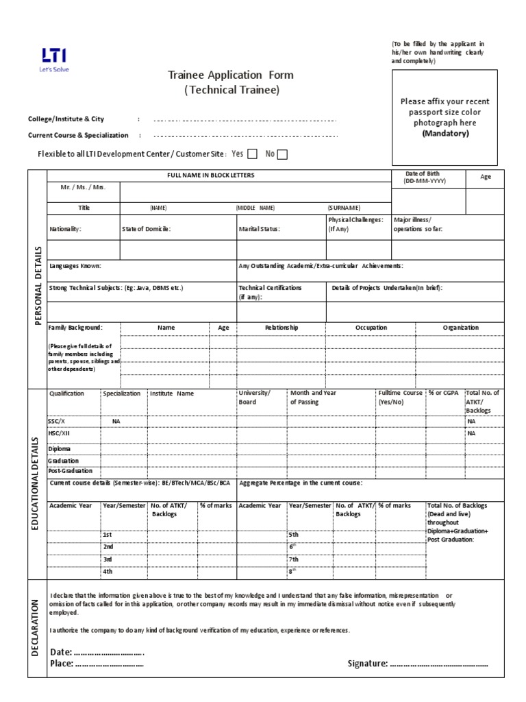 Technical Trainee Application Form | PDF | Academia | Further Education