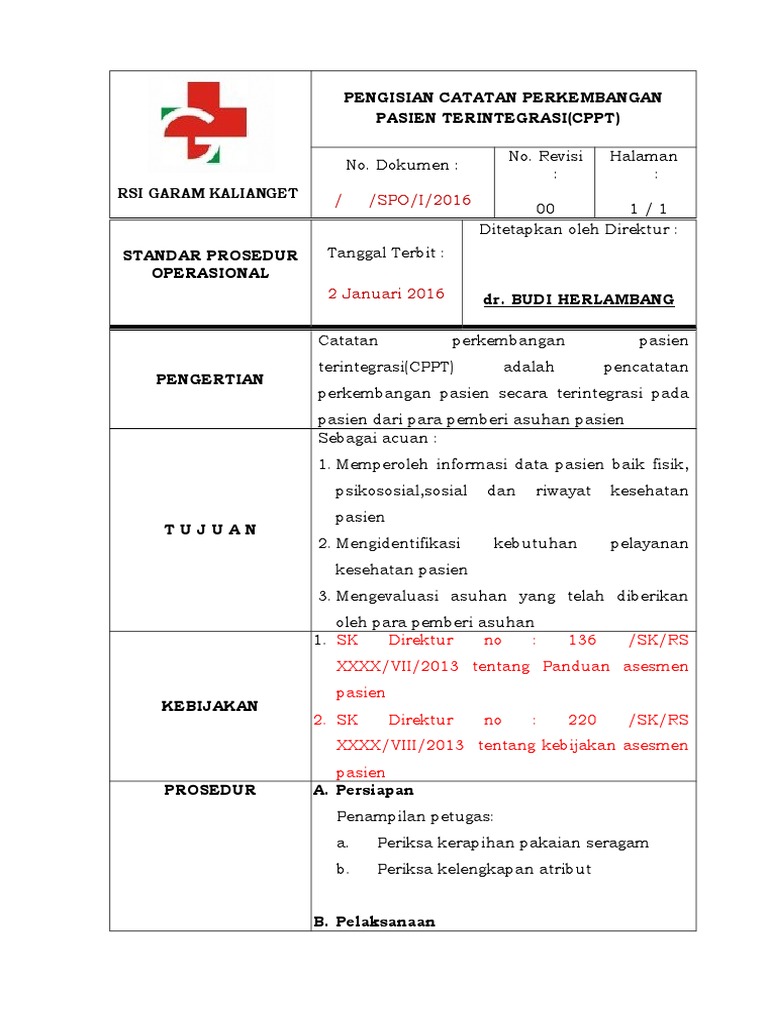 Spo Pengisian Catatan Perkembangan Pasien Terintegrasi (CPPT) | PDF