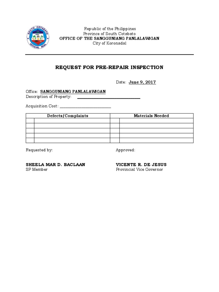 Request for Pre-Repair Inspection of SP Property | PDF | Philippines ...