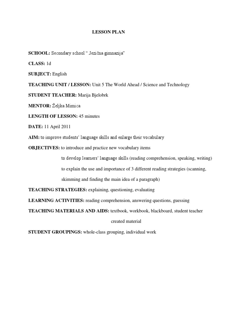 Science and Technology Lesson Plan | PDF | Reading Comprehension ...