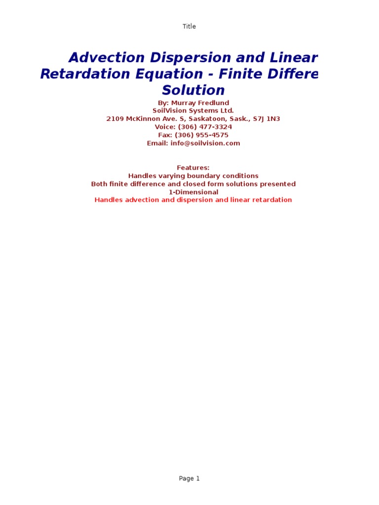 Advection Dispersion and Linear Retardation Equation - Finite ...