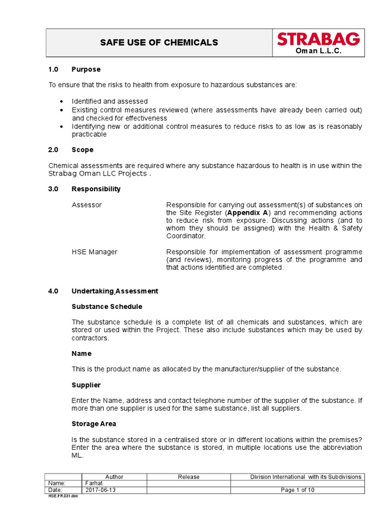 Safe Use of Chemicals: 1.0 Purpose | PDF | Personal Protective ...