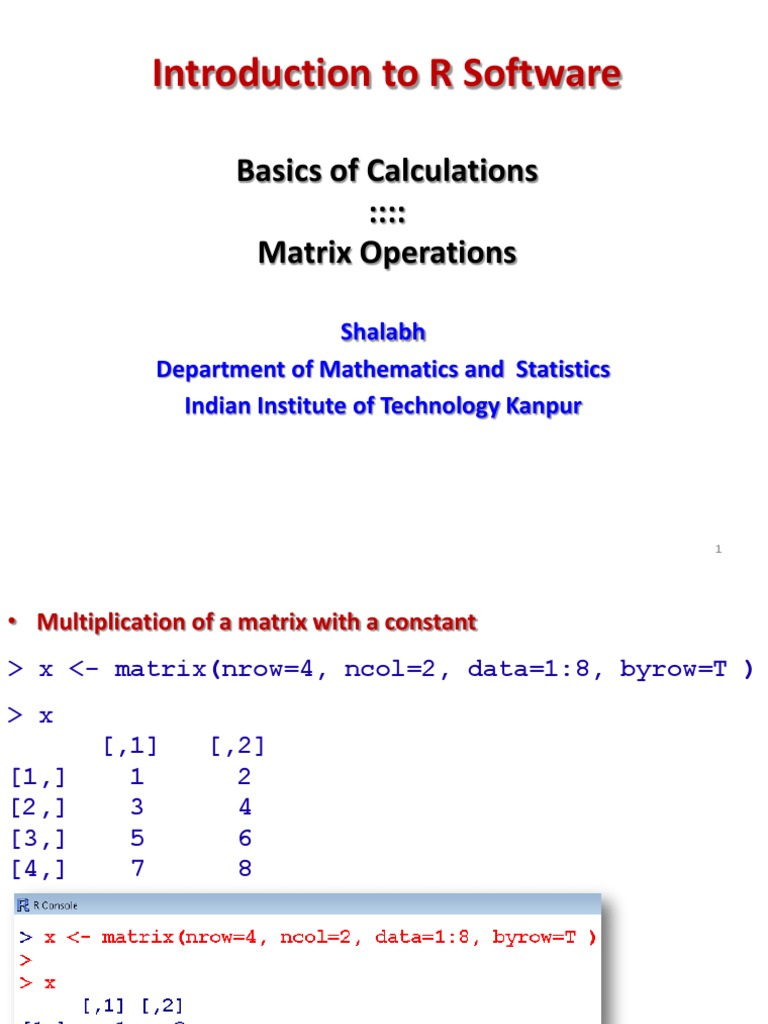 An Introduction to Basic Matrix Operations and Calculations in R | PDF | Matrix (Mathematics ...