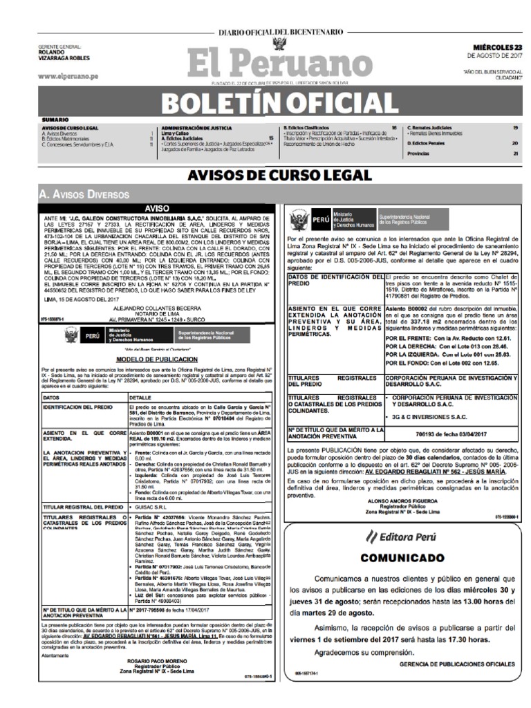 Diario Oficial El Peruano, Edición 9796. 23 de agosto de 2017