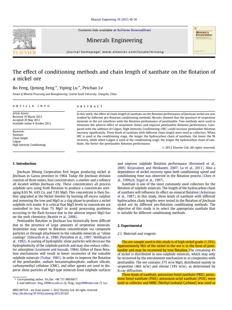 The Effect of Conditioning Methods and Chain Length of Xanthate On The ...