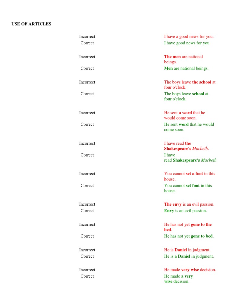 Incorrect Correct: Use of Articles | PDF | Grammatical Number | English ...