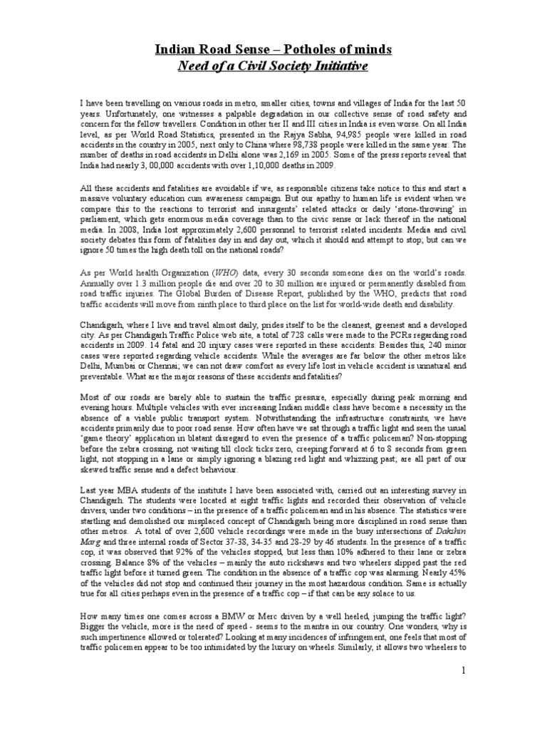 Indian Road Sense - Potholes in Minds | PDF | Traffic | Traffic Collision