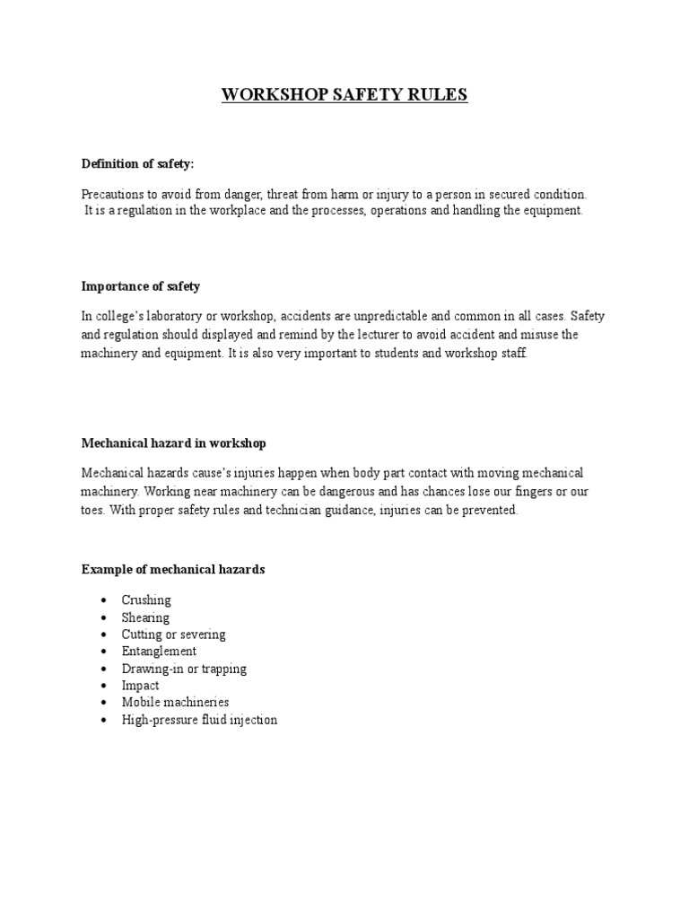 Workshop Safety Rules | PDF | Personal Protective Equipment | Safety