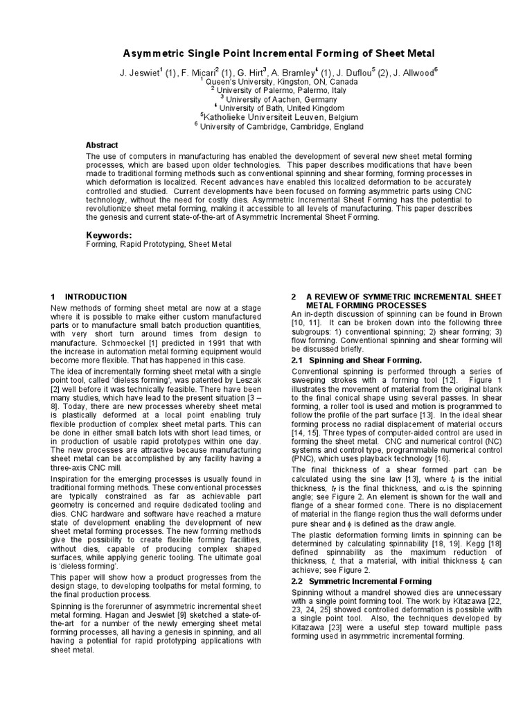 Asymmetric Single Point Incremental Forming of Sheet Metal PDF | PDF ...